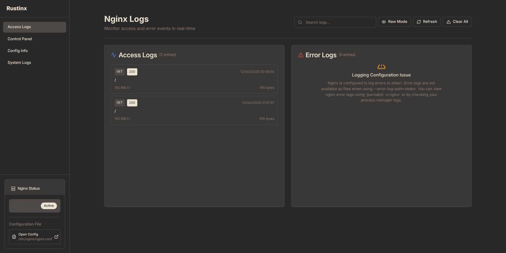 Nginx Server Dashboard Rustinx